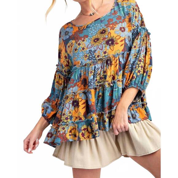 easel | Tops | New Easel Floral Ruffle Top In Blue | Poshmark